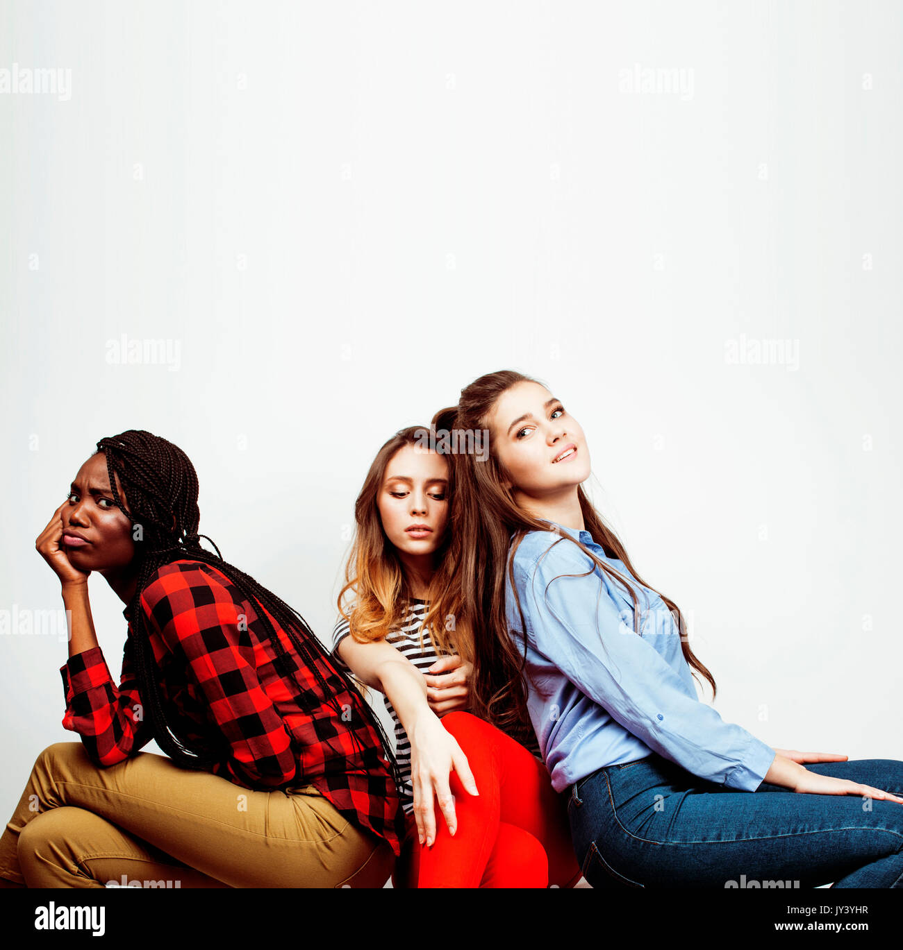 diverse multi nation girls group, teenage friends company cheerf Stock ...