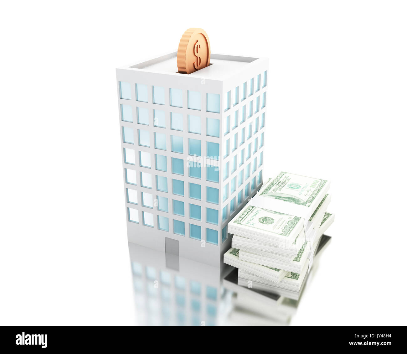 3d illustration. Putting coins into piggy bank building with stack of ...