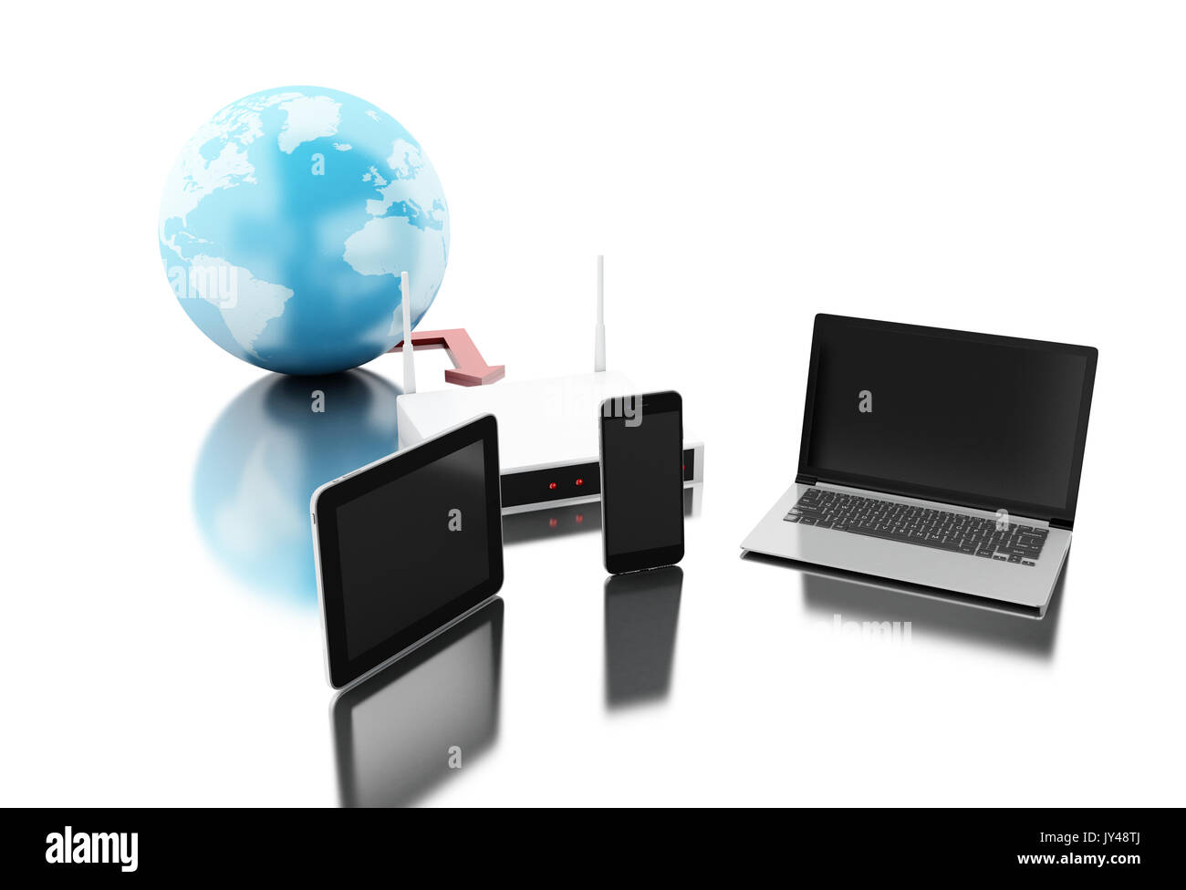 3d illustration. Earth with router connected to technology devices ...