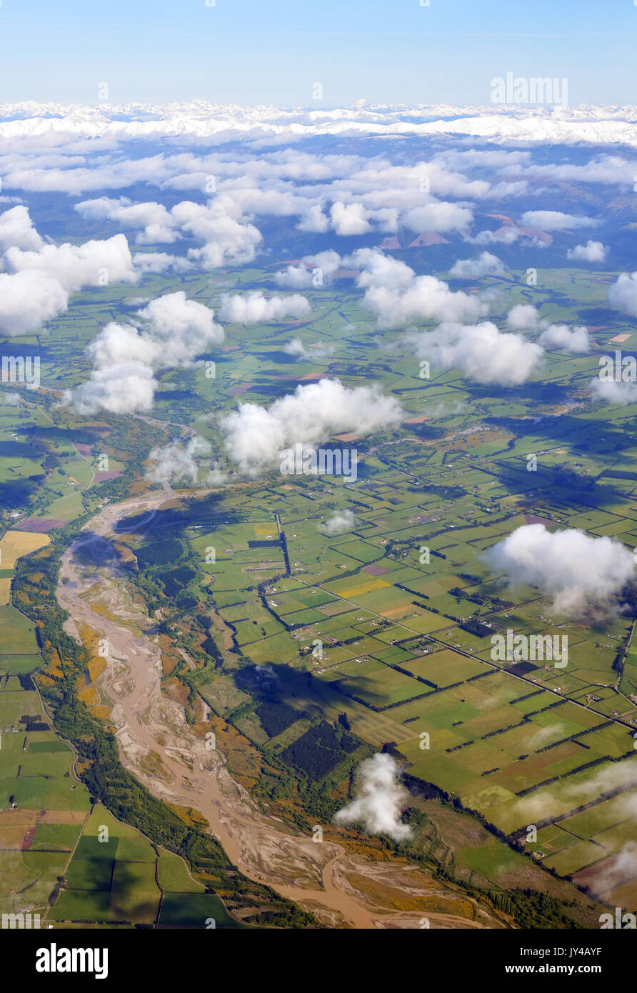 Aerial view of the Hurunui River and North Canterbury Plains with ...