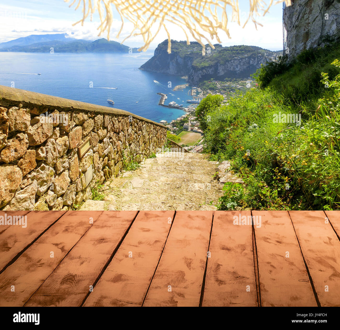 The collage from wooden floor and view of Capri island, Italy Stock ...