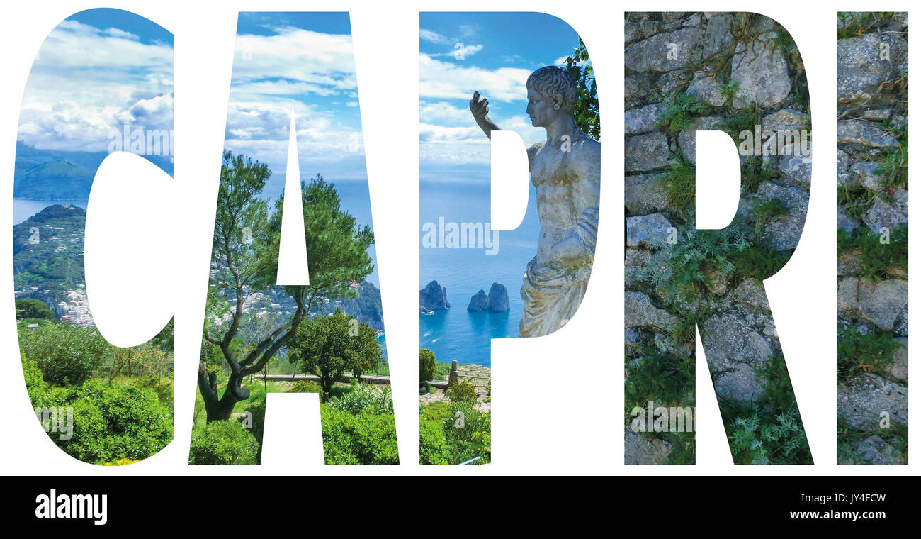 Capri - island name sign with photo in background on white Stock Photo ...