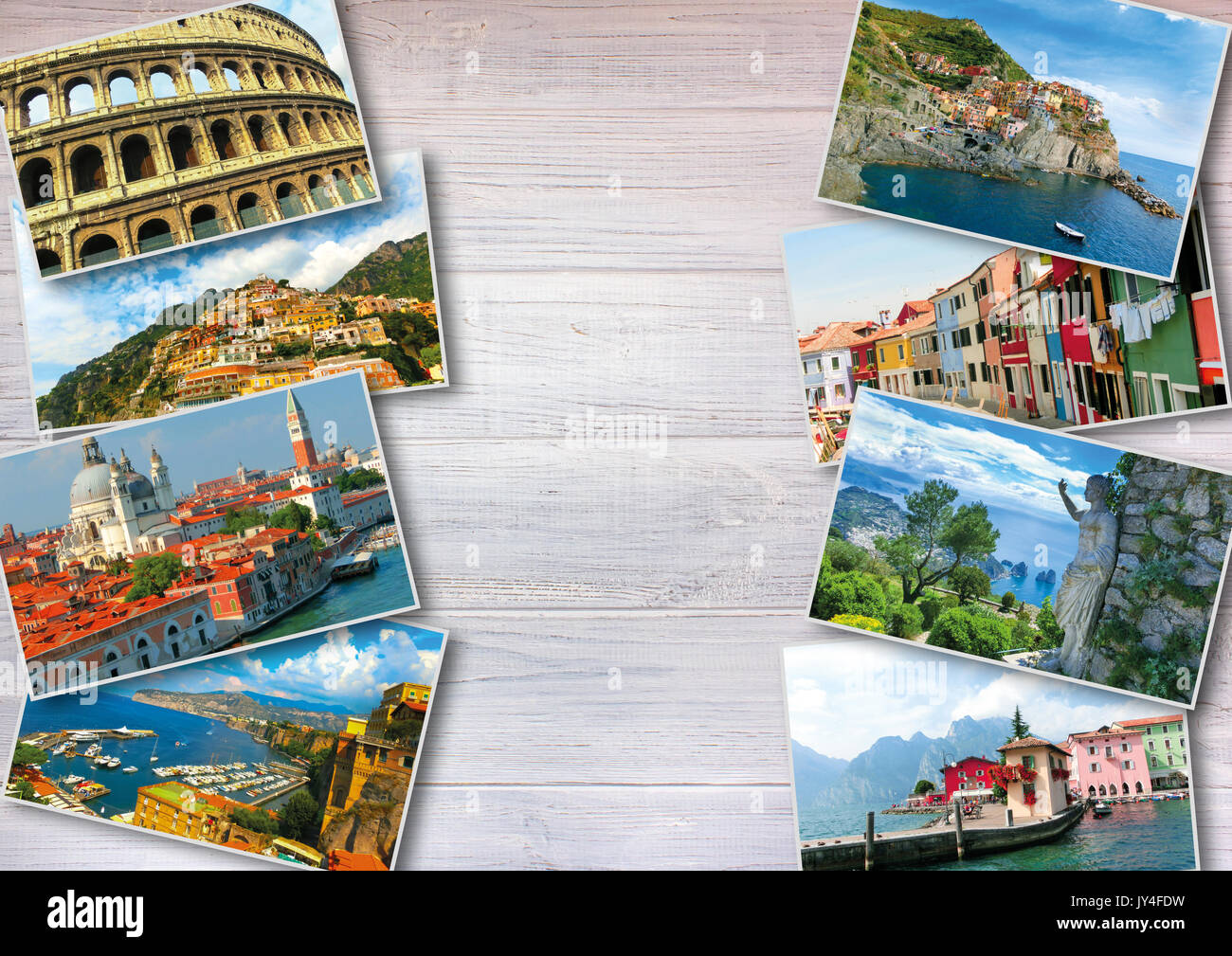 Collage from photos of Italy on white wooden background Stock Photo - Alamy