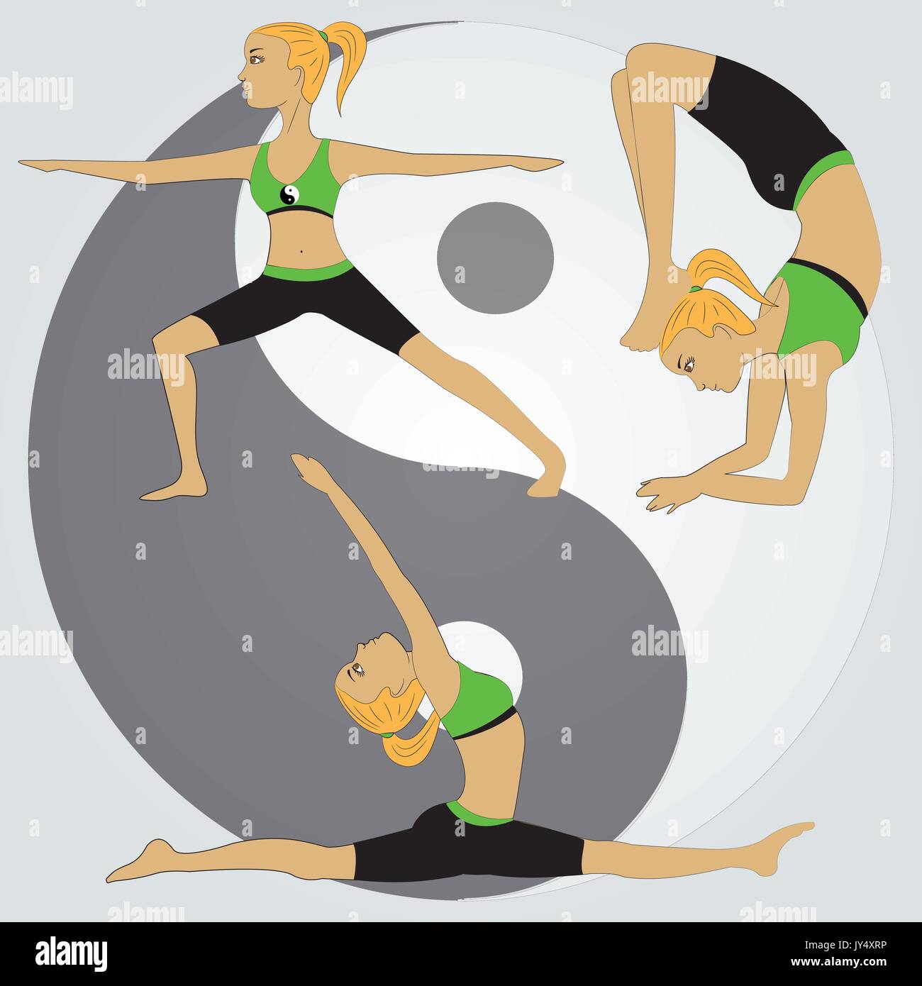 Girl doing yoga poses on Ying yang symbol background, vector Stock ...