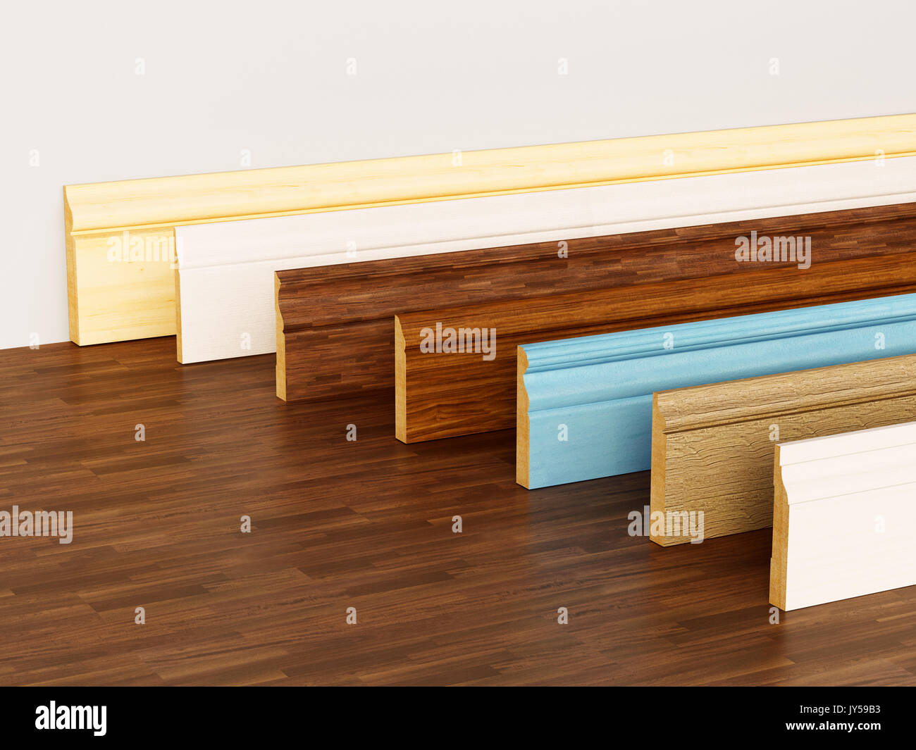 Baseboards with various profiles standing on hardwood surface. 3D ...