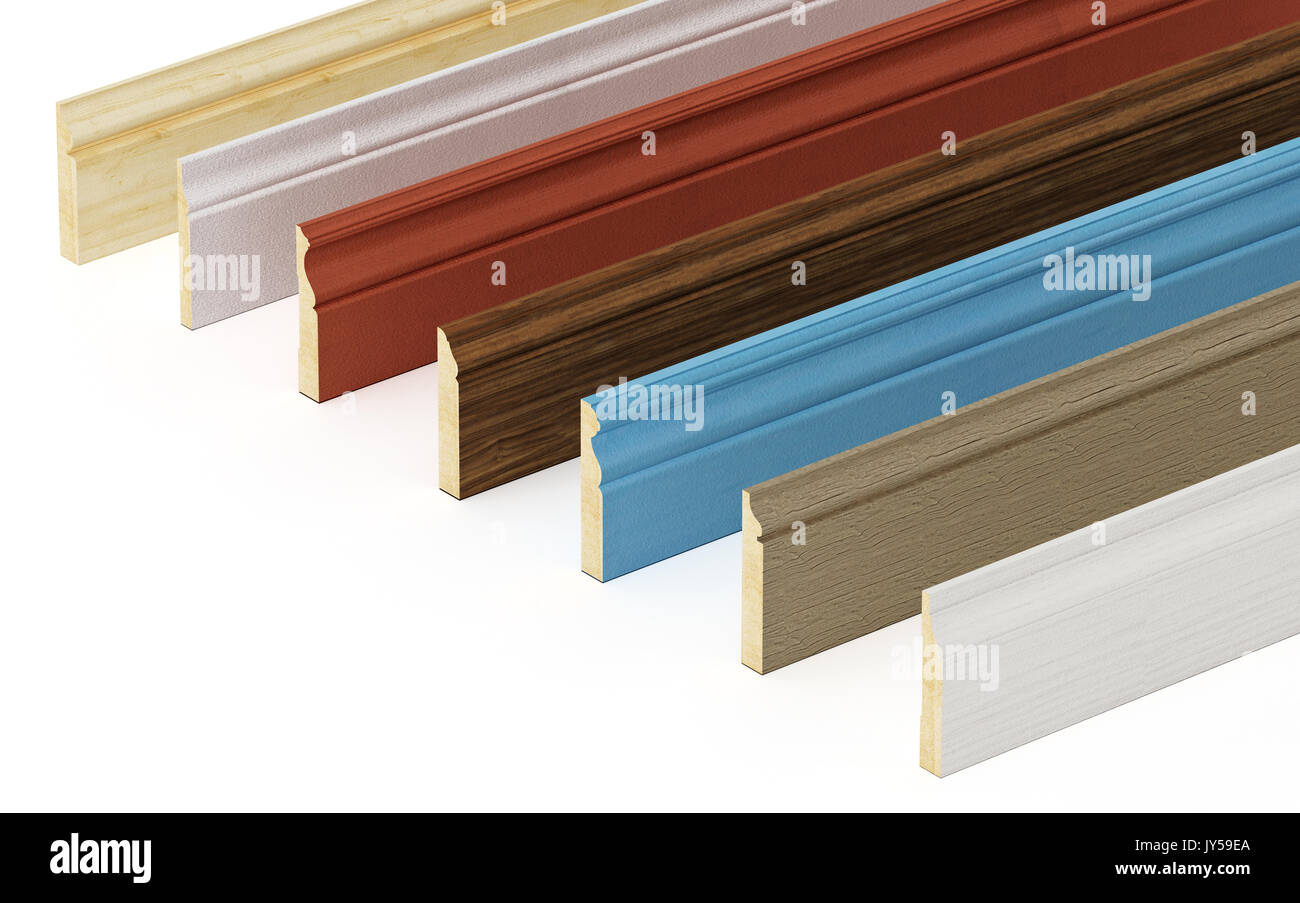 Baseboards with various profiles isolated on white background. 3D ...
