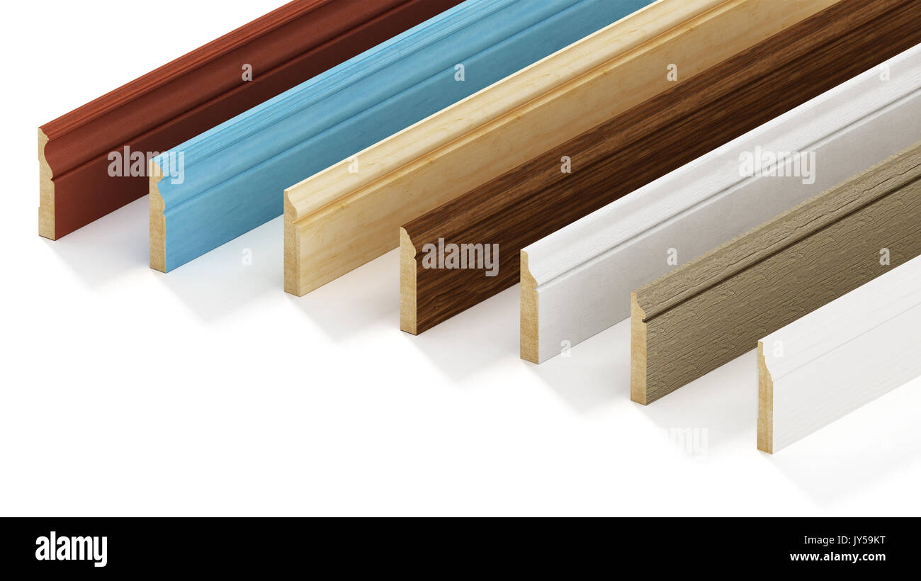 Baseboards with various profiles isolated on white background. 3D ...