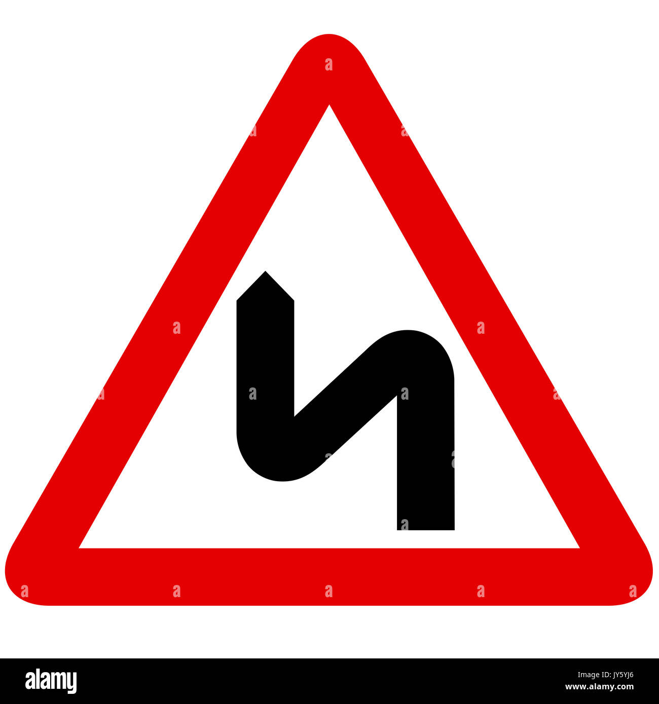 Double bend first to left road sign on white background Stock Photo - Alamy
