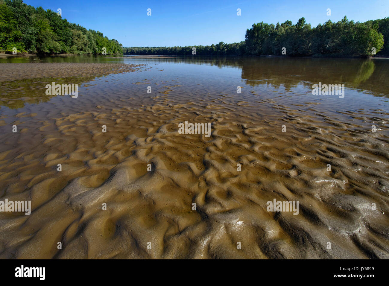 Sand riverbed on lower stretch the Drava River in summer, Croatia Stock ...