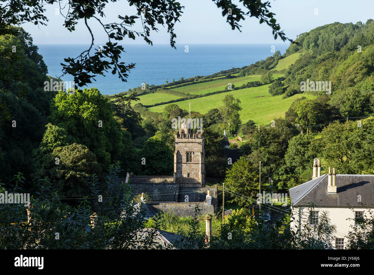 View of the village of Salcombe Regis, Devon, looking down the combe to ...