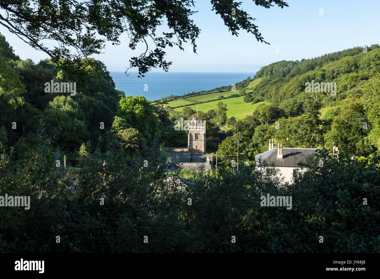 View of the village of Salcombe Regis, Devon, looking down the combe to ...
