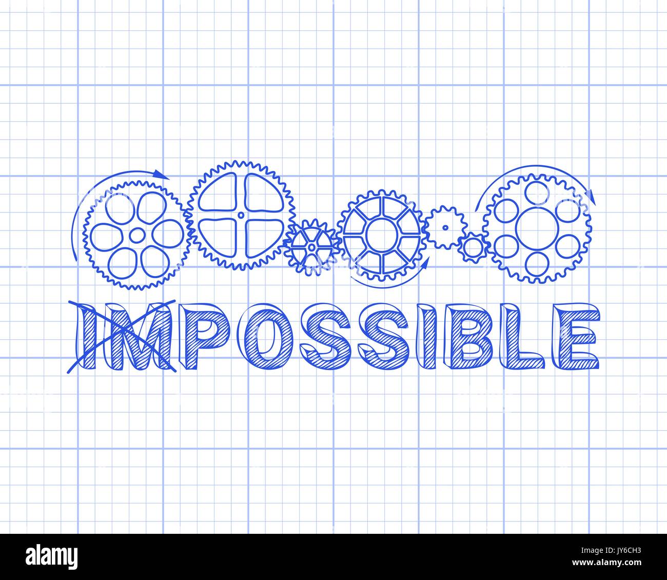 Impossible, possible text with gear wheels hand drawn on graph paper ...