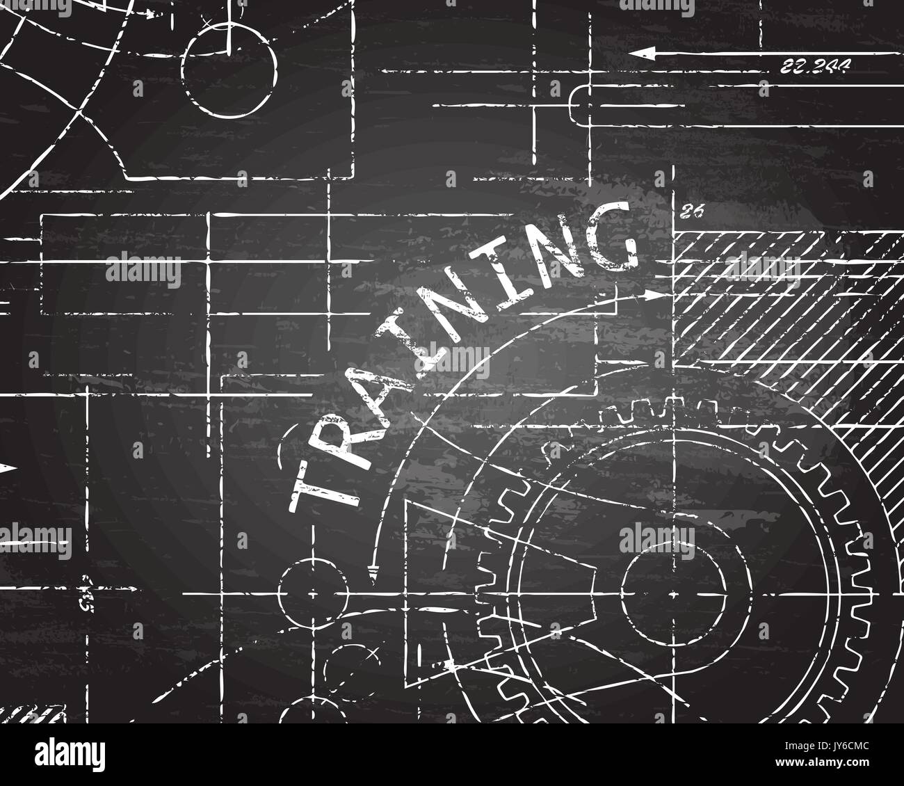Training text with gear wheels hand drawn on blackboard background ...