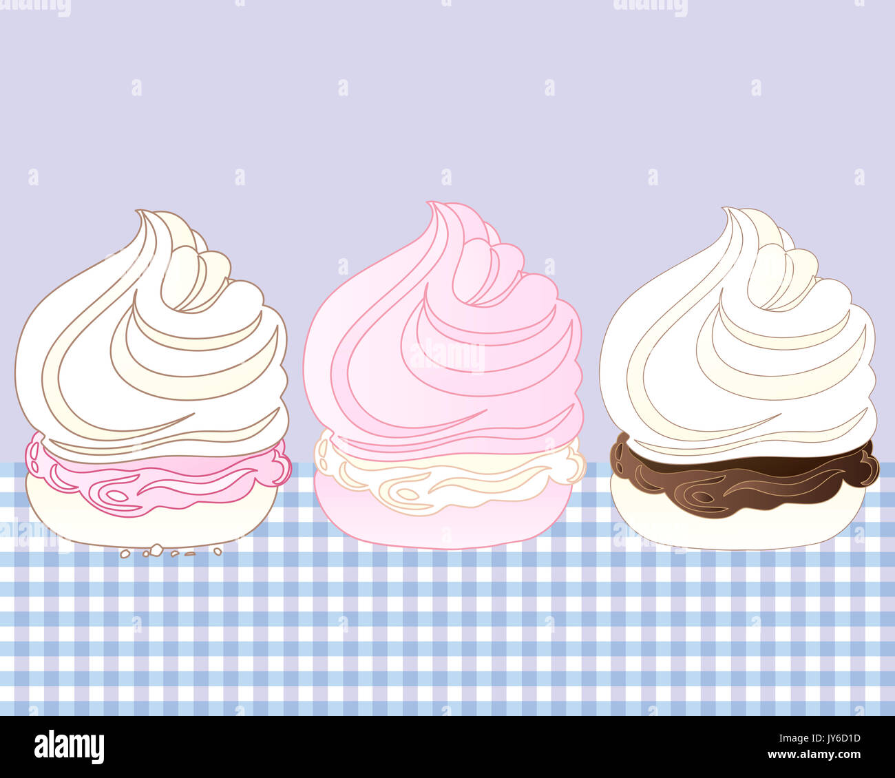 an illustration of three sweet meringue desserts with various flavors ...