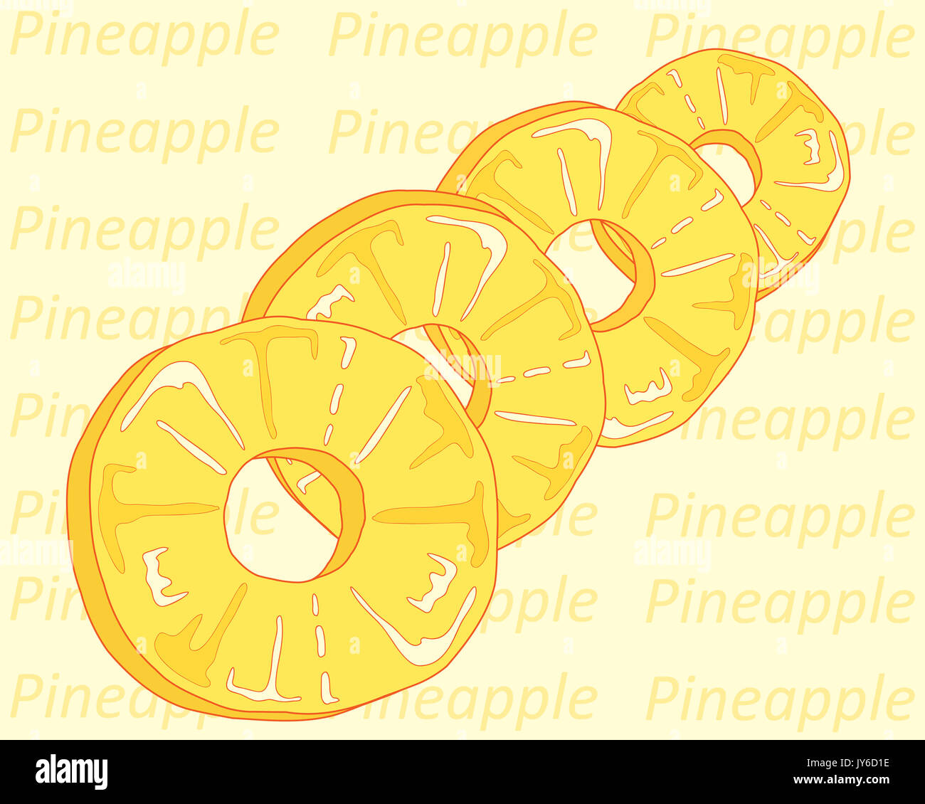 an illustration of a row of pineapple ring slices on a yellow ...