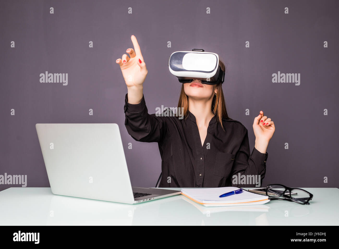 Woman In Vr Headset Touching Objects In Virtual Reality Girl Sitting