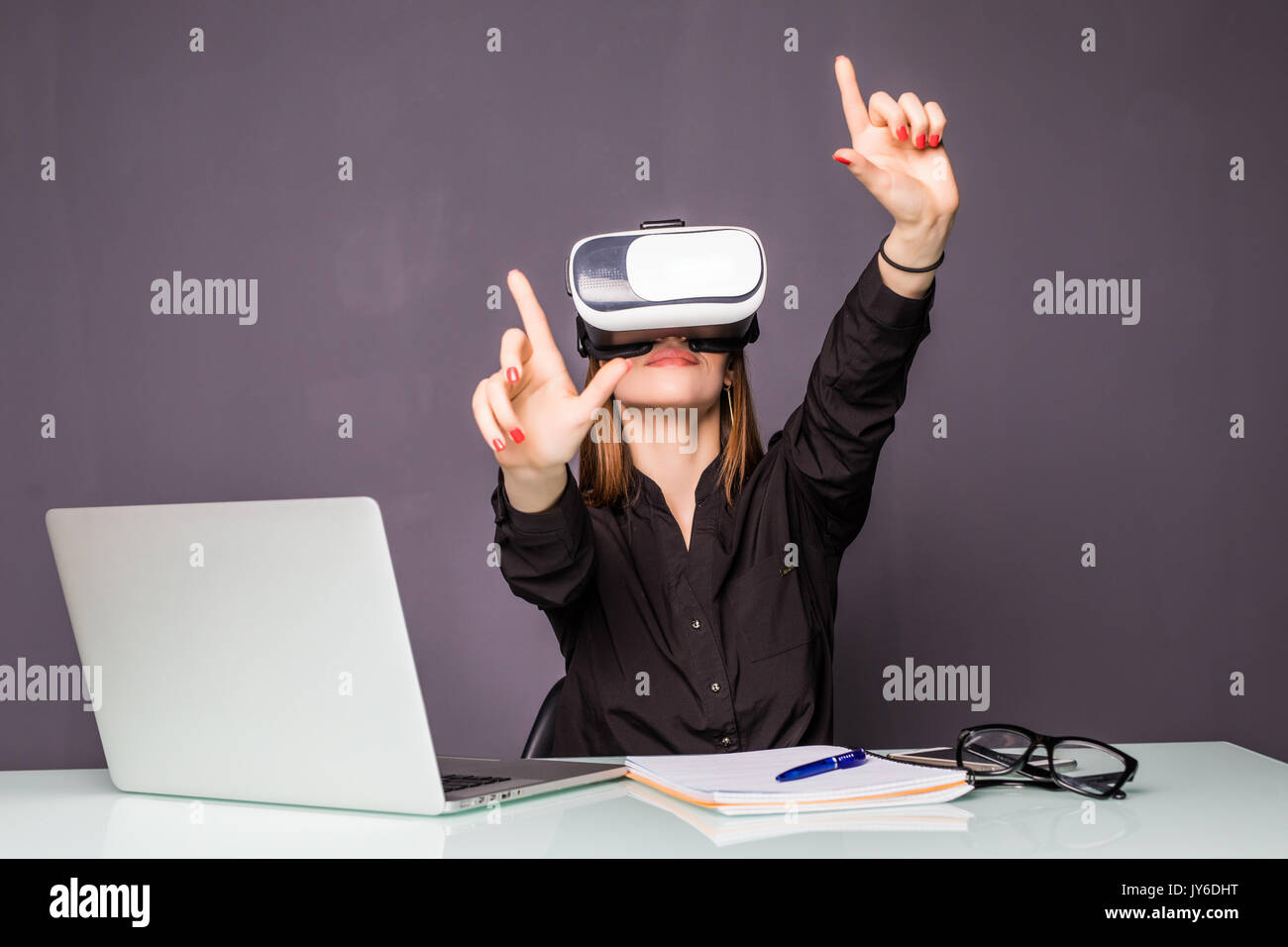Woman In Vr Headset Touching Objects In Virtual Reality Girl Sitting