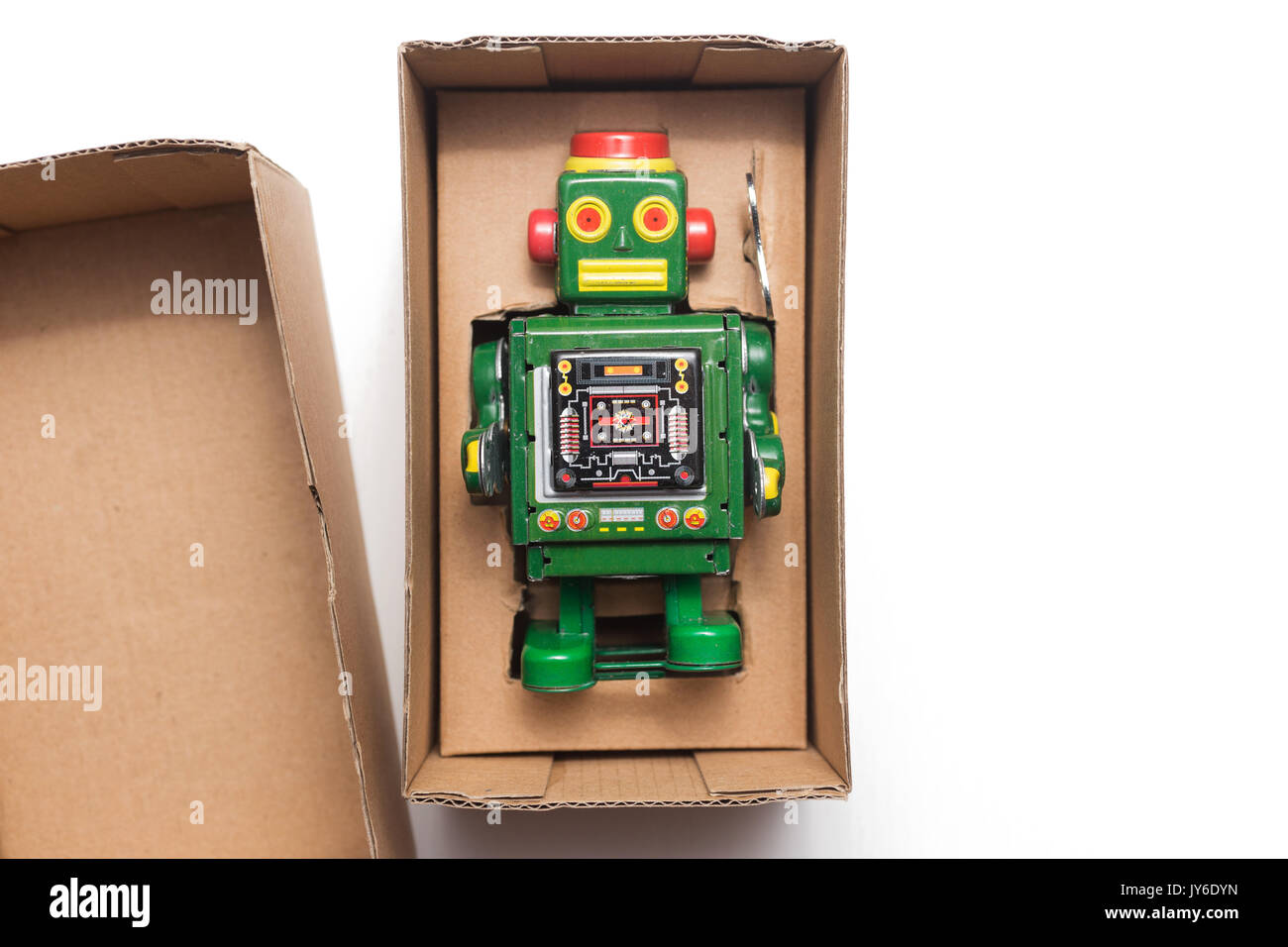 Robot in box on white background Stock Photo - Alamy