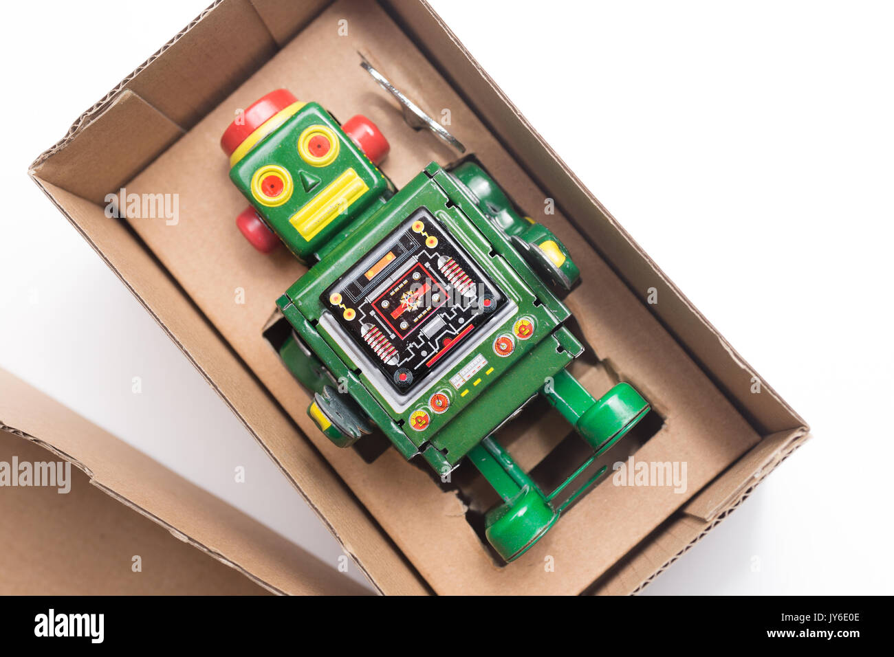 Robot in box on white background Stock Photo - Alamy