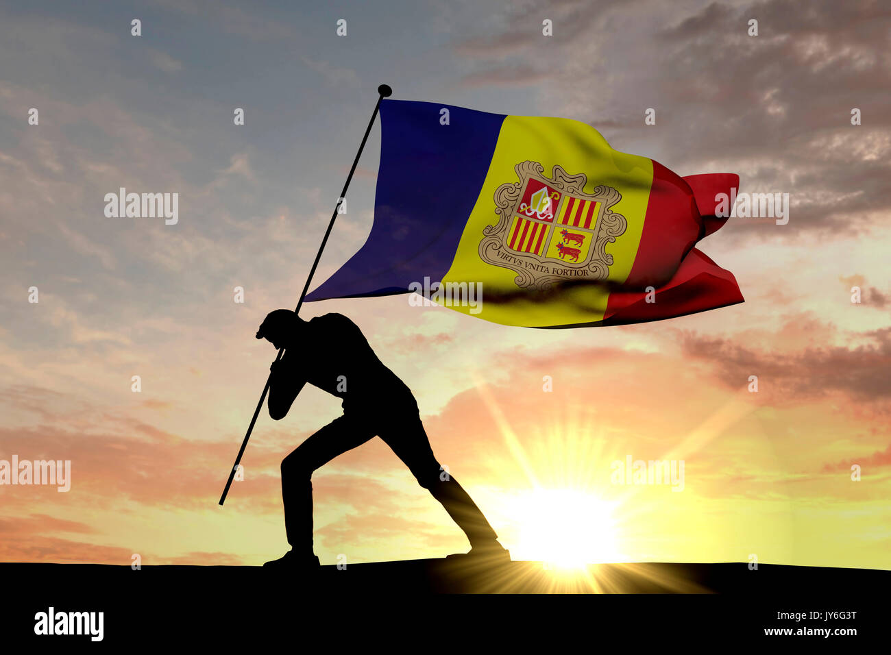 Andorra flag being pushed into the ground by a male silhouette. 3D ...