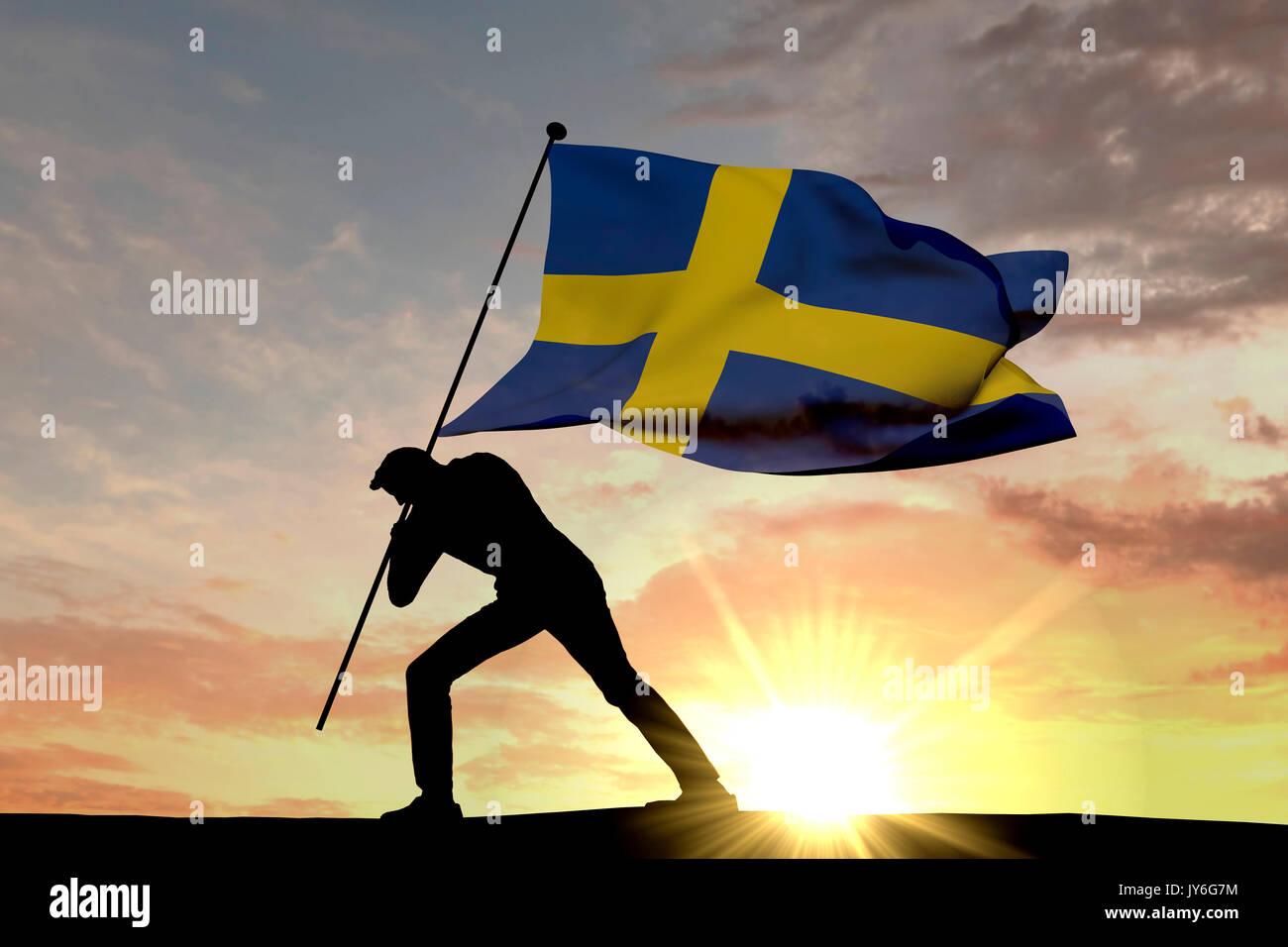 Sweden flag being pushed into the ground by a male silhouette. 3D ...