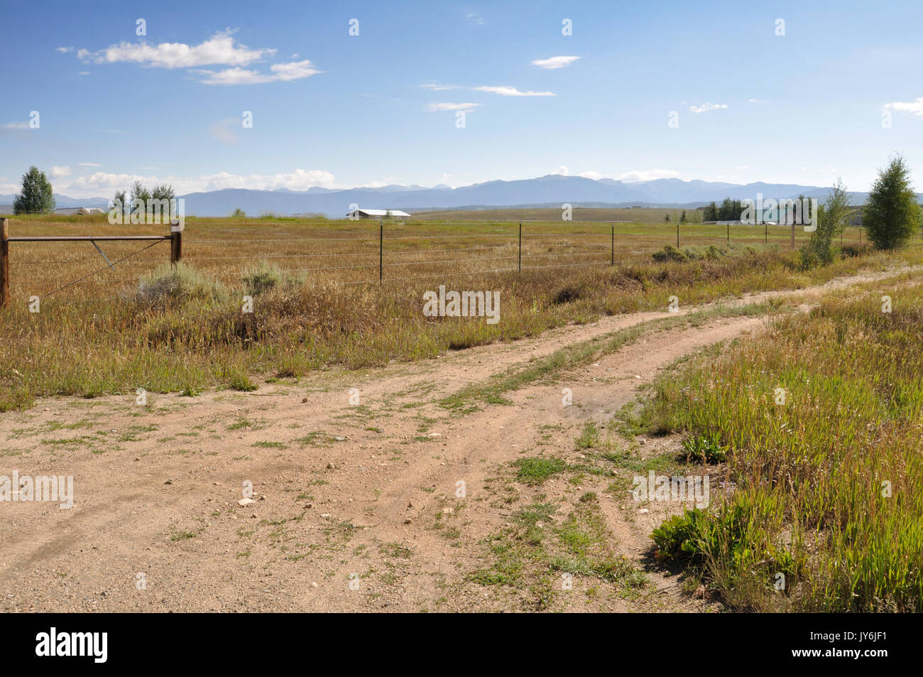 dirt road by a prairie in Colorado. The Rockie Mountains are in the ...
