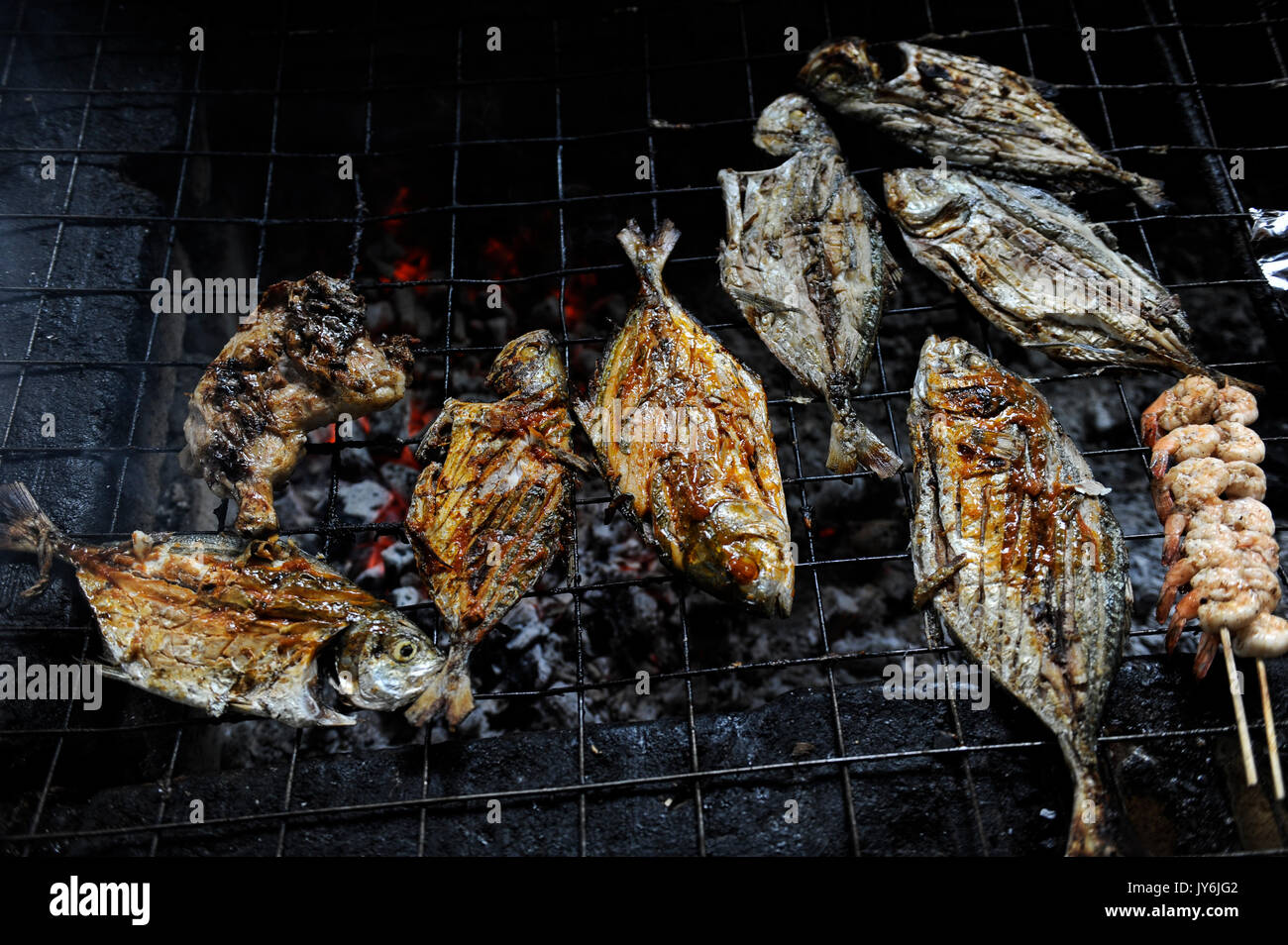 SIERRA LEONE, Freetown, beach river No. 2, grilled fish in restaurant ...