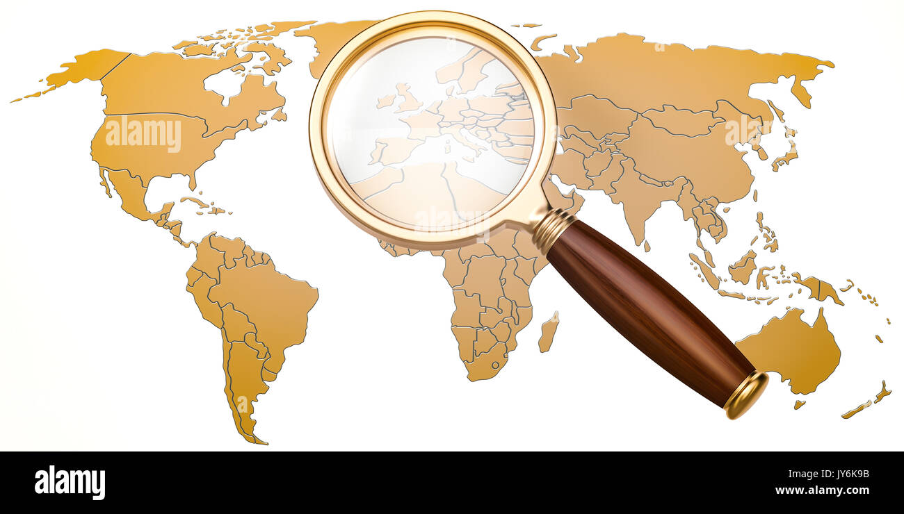 Map of Earth under magnifying glass, analysis concept, 3D rendering ...