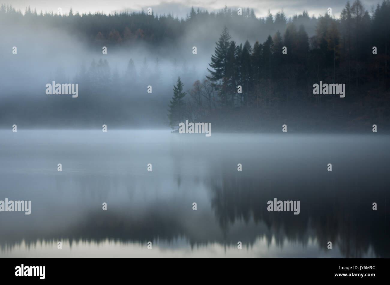 Trees on Headland surrounded in mist, with reflection, Loch Ard ...