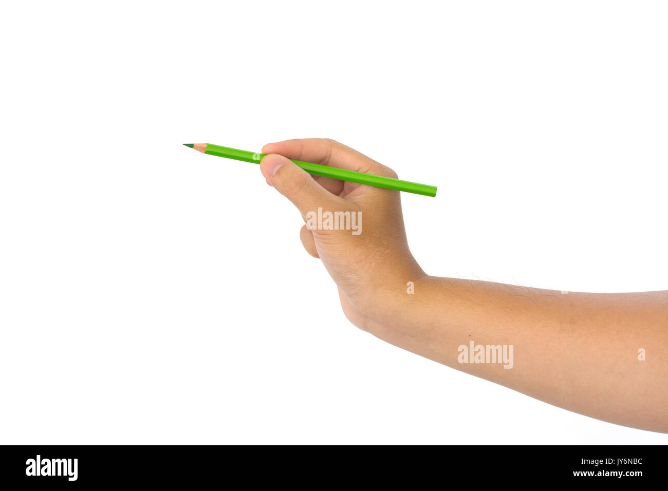 Men hand holding green pencil on isolated white background Stock Photo ...