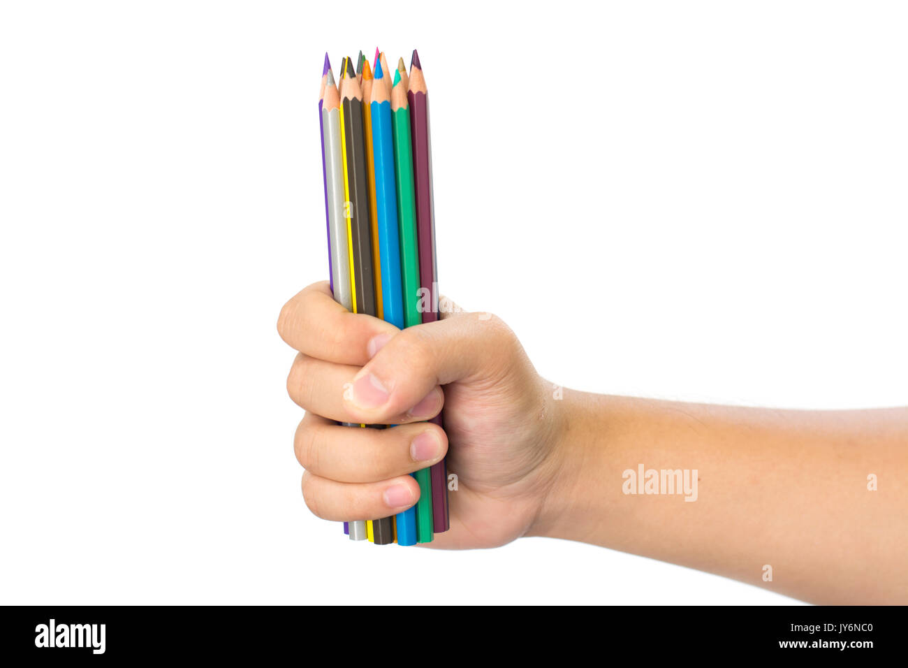 Men hand holding pencils isolated on white background Stock Photo - Alamy