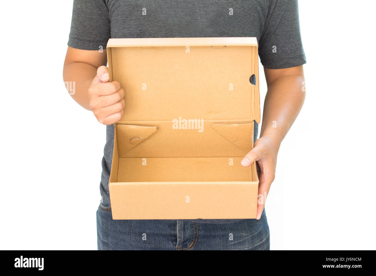Delivery concept, Hand holding paper box isolated on white background ...