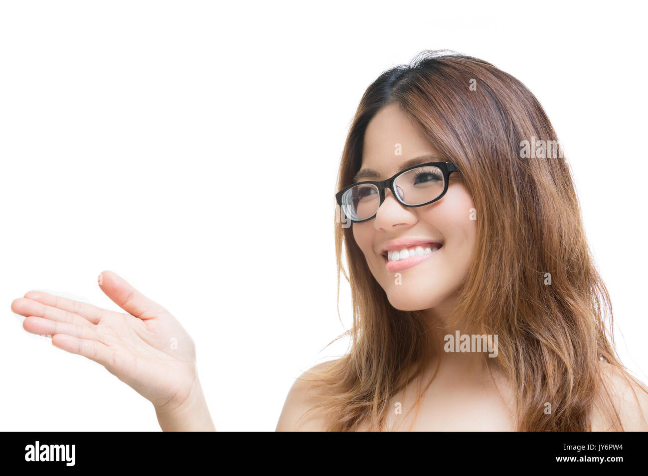 smiling asian woman with hand presenting Stock Photo - Alamy
