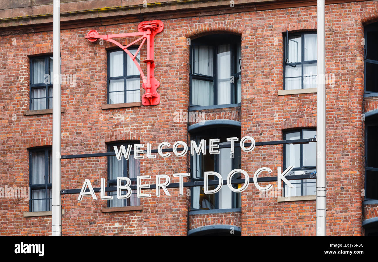 The Albert Dock. The sign welcoming people to the Albert Dock in ...