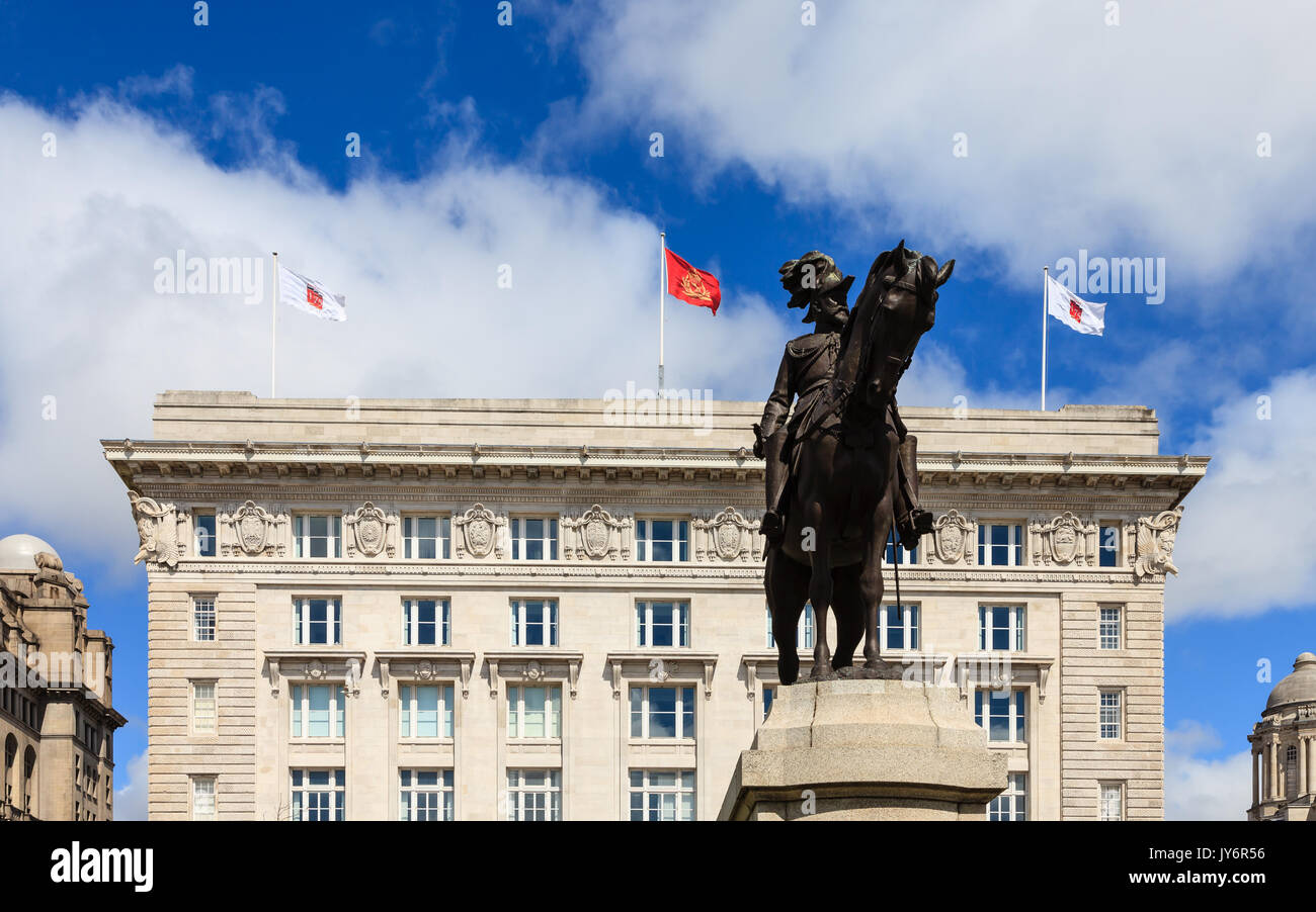 The Cunard Building on Liverpool waterfront, behind a statue to King ...