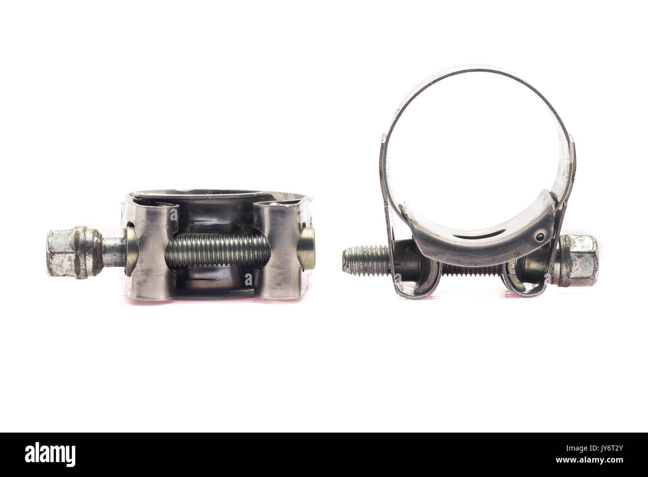 Close up a big hose clamp on white background Stock Photo - Alamy