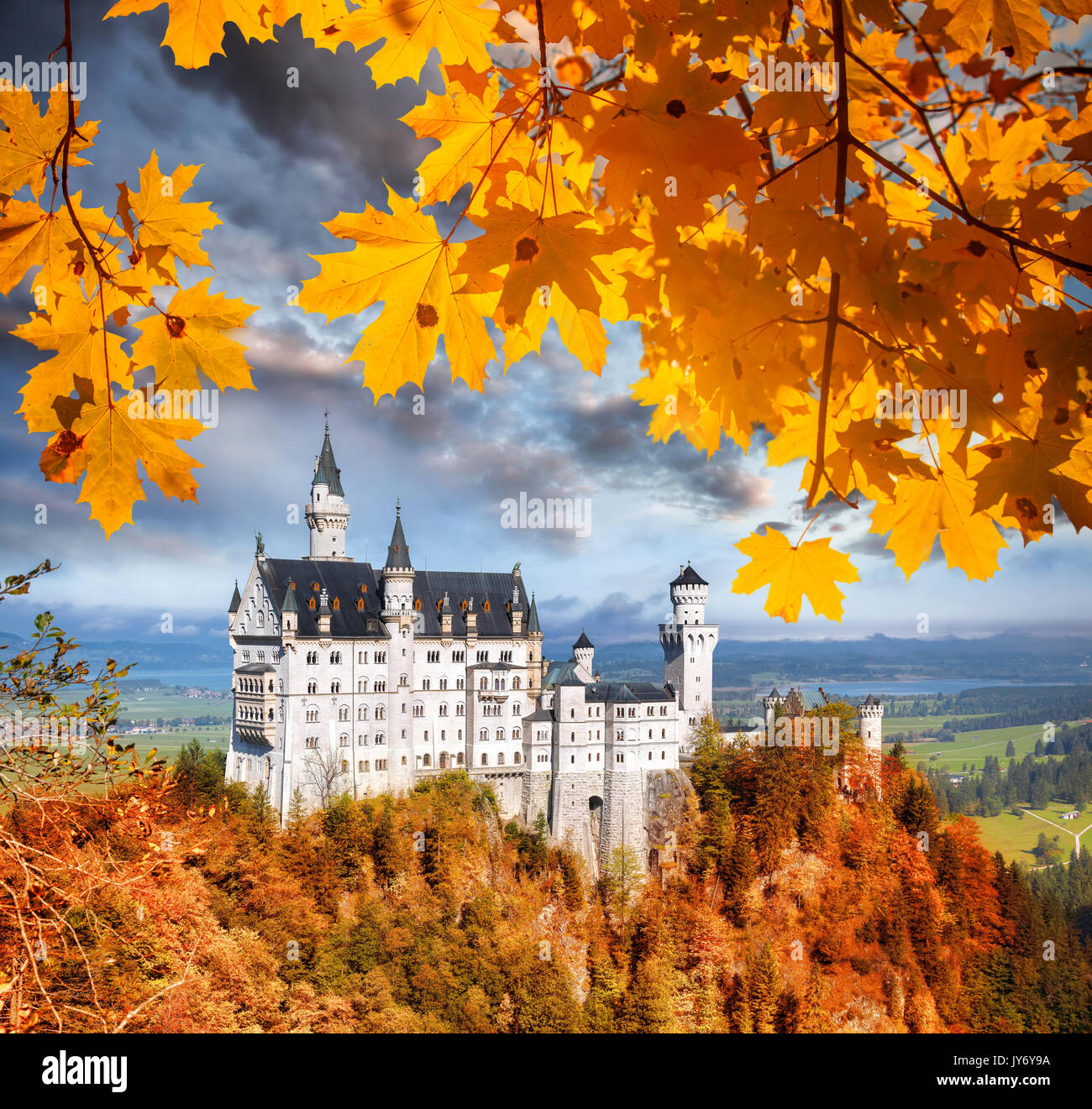 Famous Neuschwanstein castle in Bavaria with autumn leaves, Germany ...