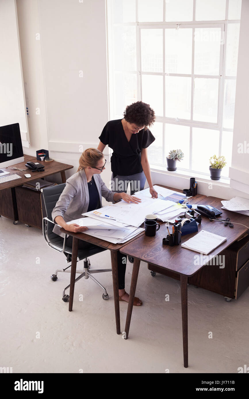 Two businesswomen studying documents in an office, vertical Stock Photo ...