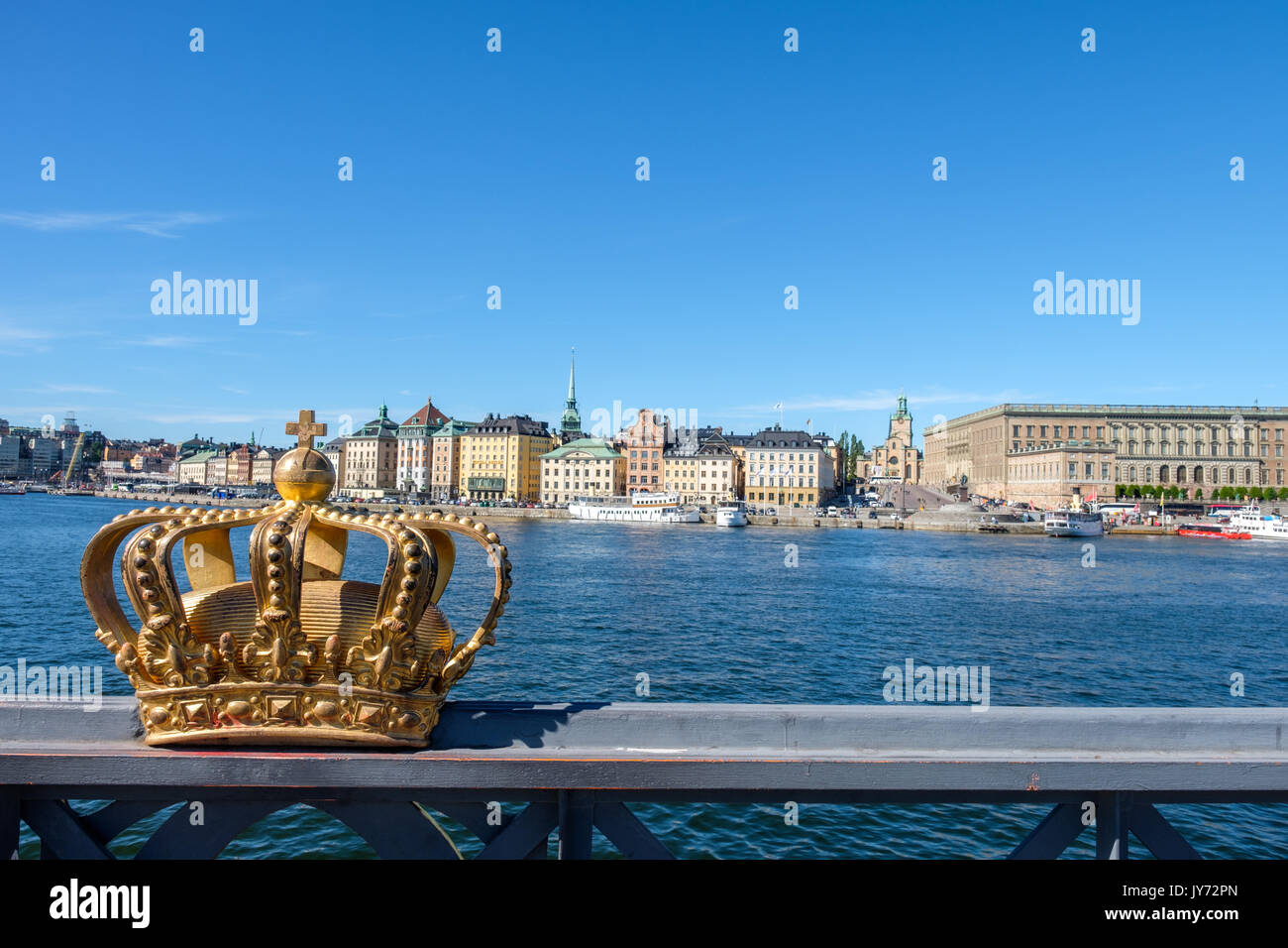View towards historic Old Town of Stockholm from Skeppsholmen bridge ...