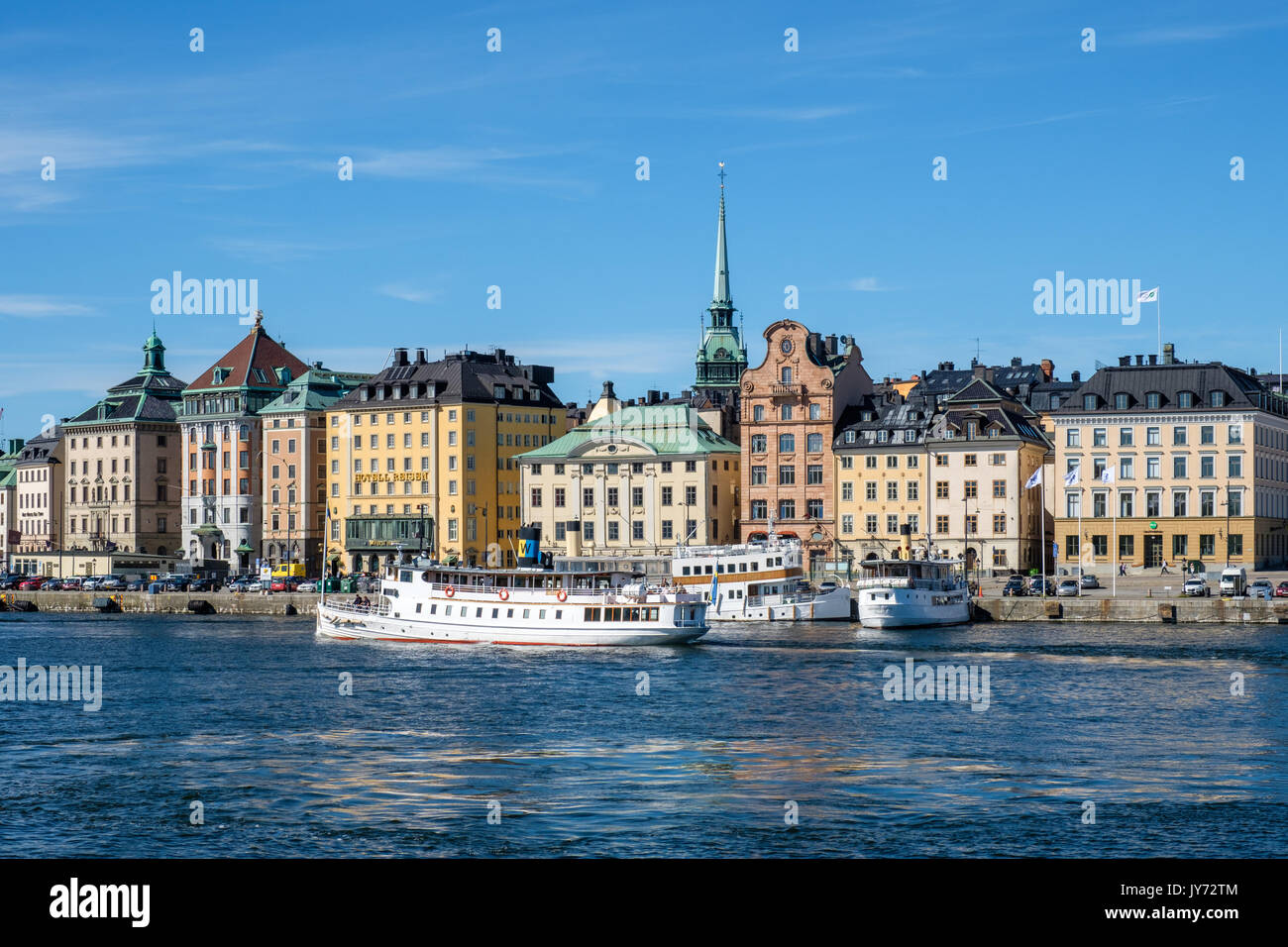 View towards historic Old Town from Skeppsholmen bridge in Stockholm ...