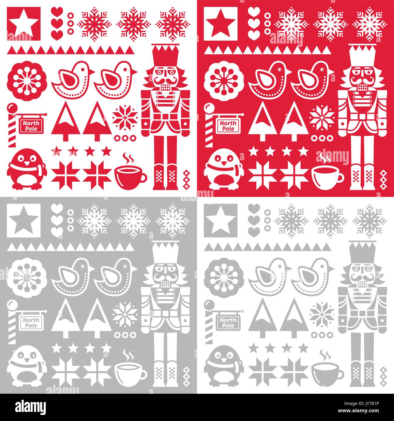 Christmas seamless red pattern with nutcracker - folk art style Retro style red and grey Xmas or ...