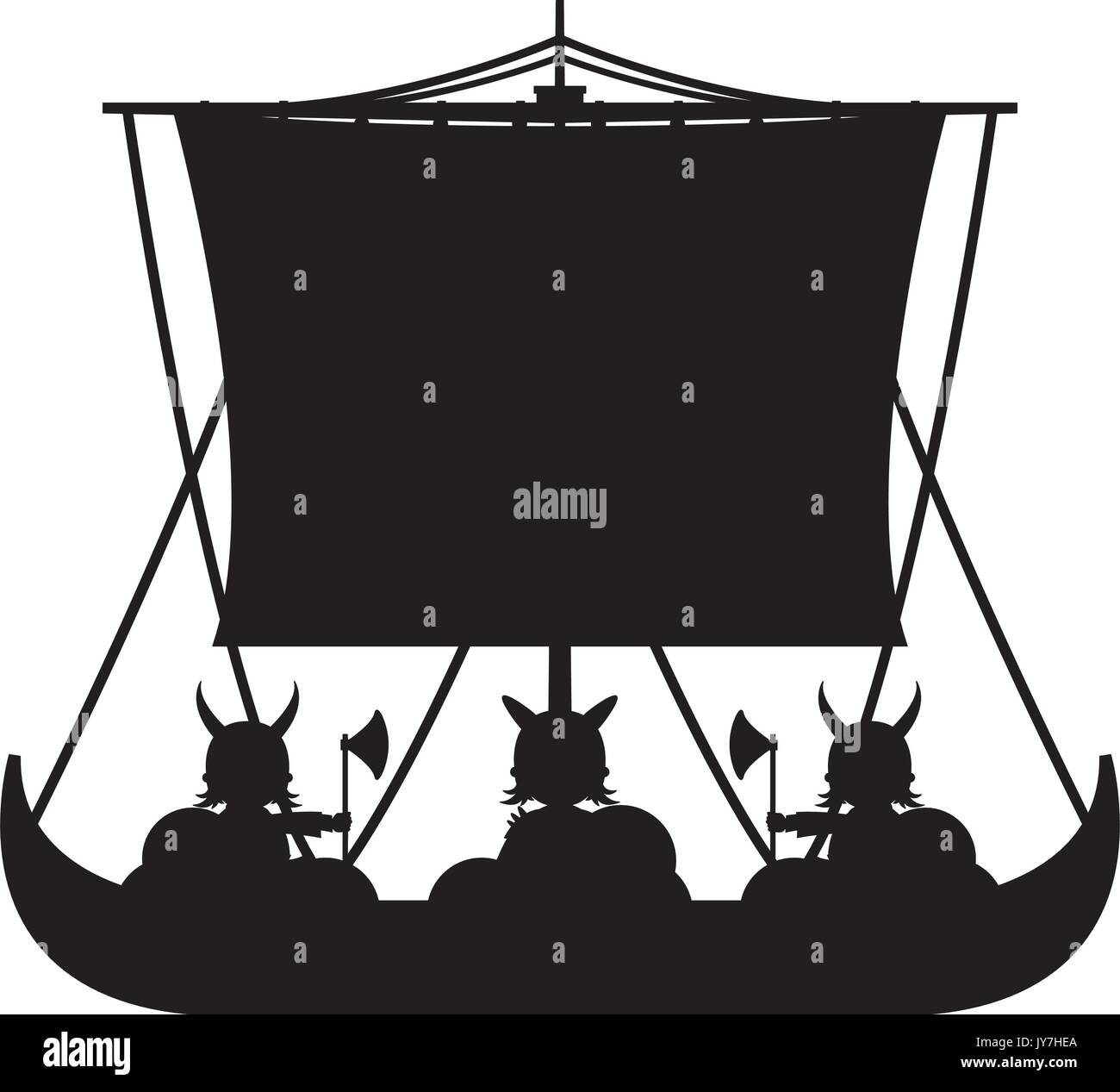 Cartoon Norse Viking Warriors and Longship in Silhouette Illustration ...