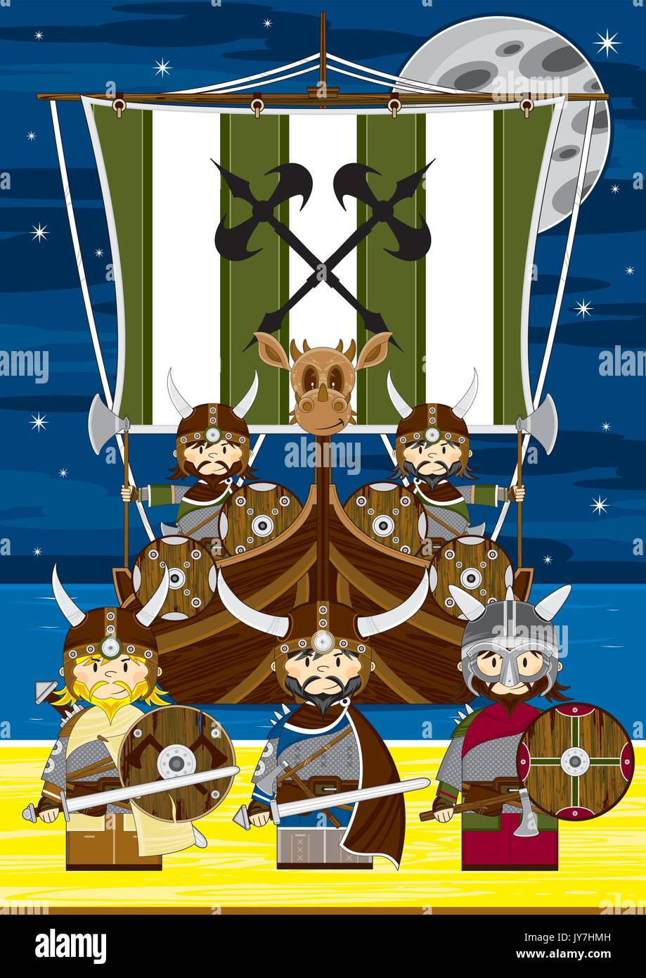 Cartoon Norse Viking Warriors and Longship Vector Illustration Stock ...