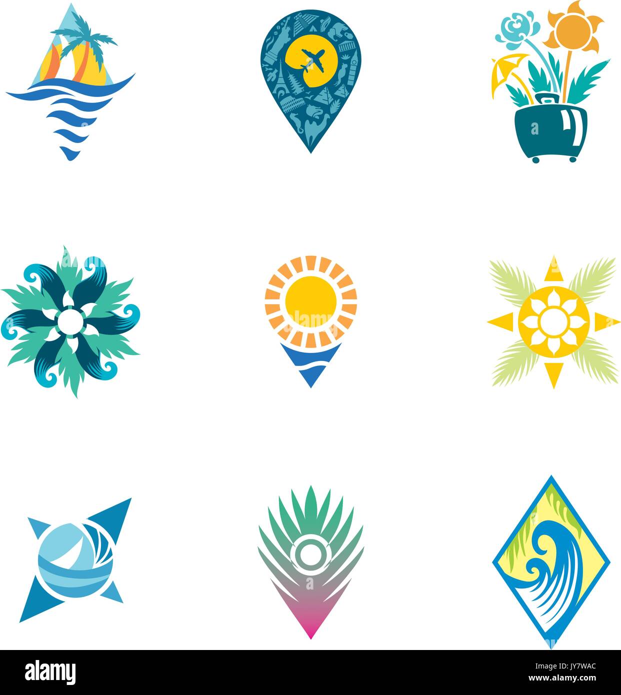 Logo design flat vector illustrations with sun, compass, geo tag in ...