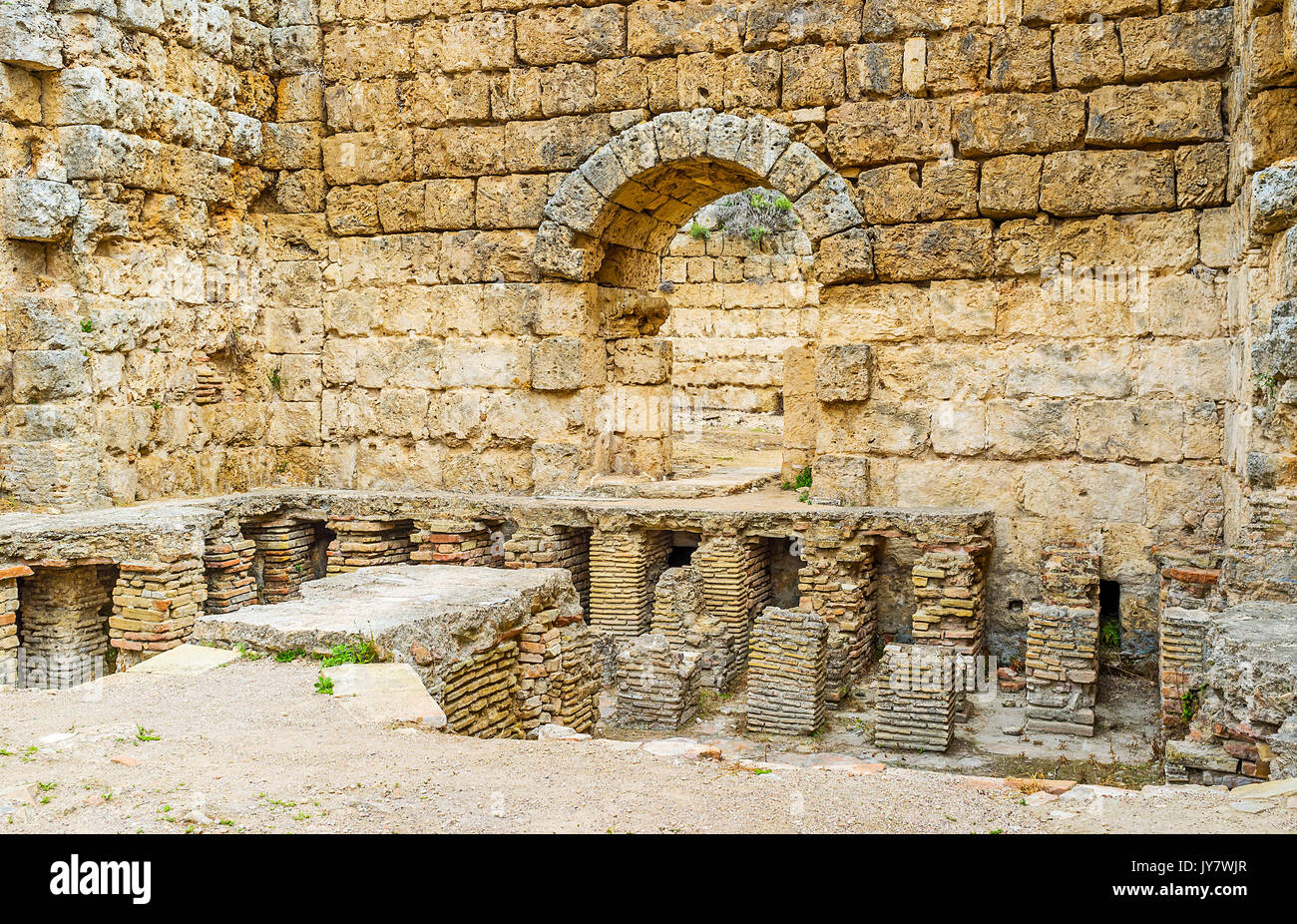 Ruins of underground buildings and foundation of the Roman baths in ...