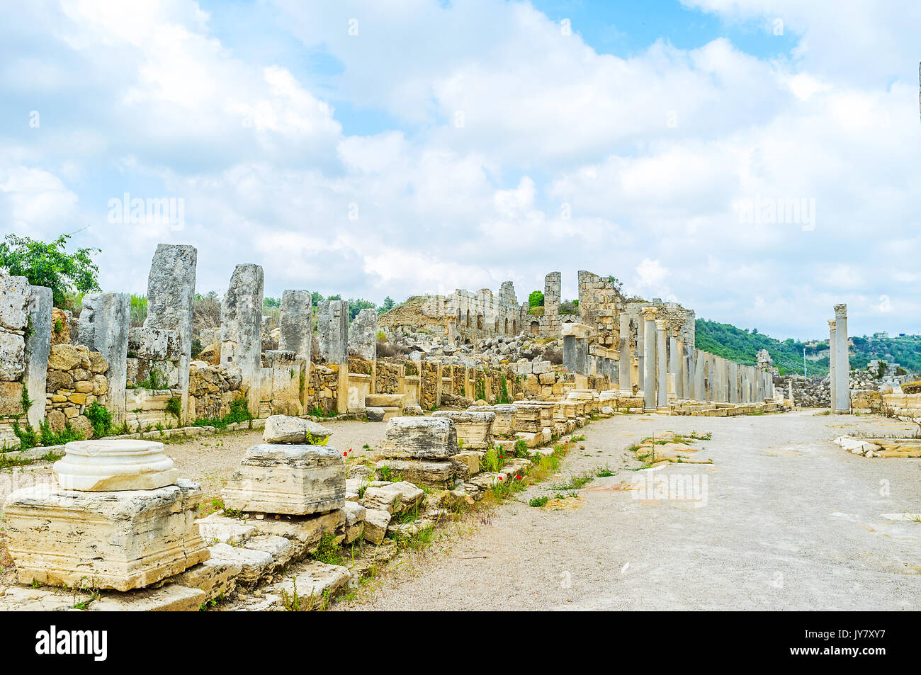 The street of Perge, archaeological site, located in Antalya suburb and ...