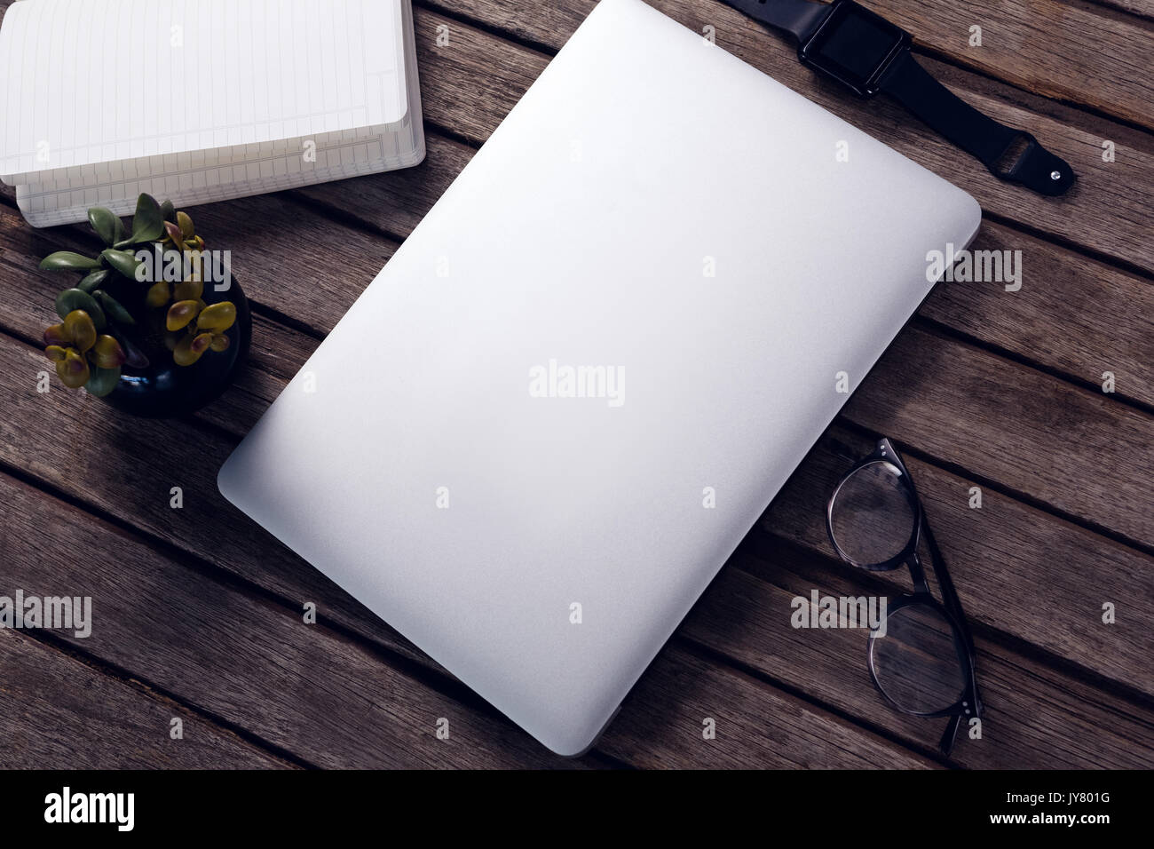 Overhead of laptop, diary, pot plant, spectacles and smart watch on ...