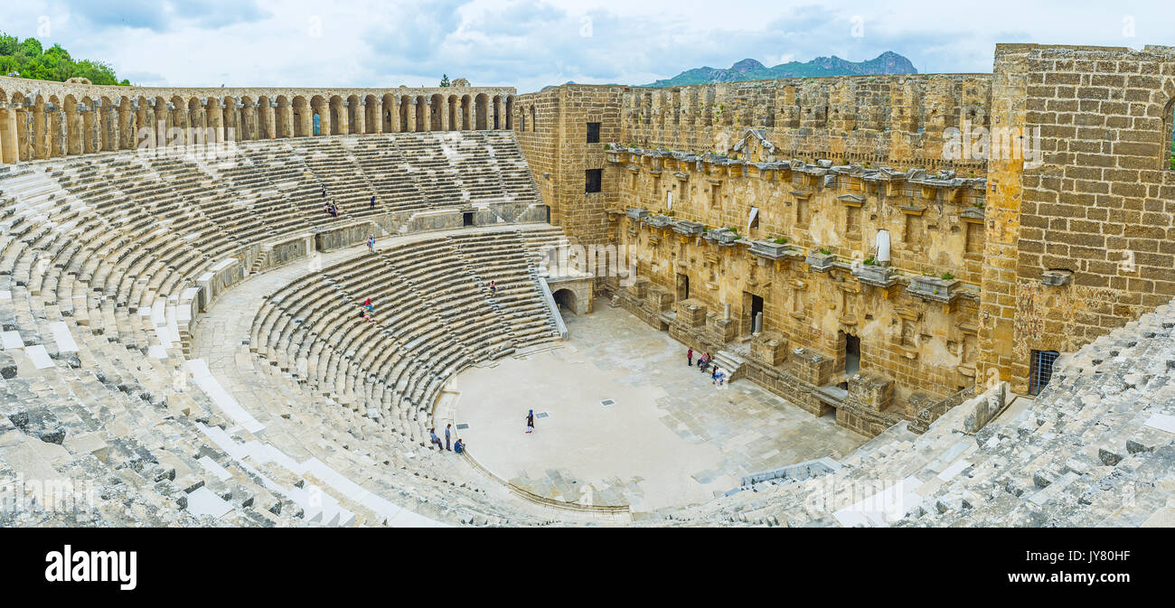 ASPENDOS, TURKEY - MAY 8, 2017: Panorama of Aspendos amphitheater with ...
