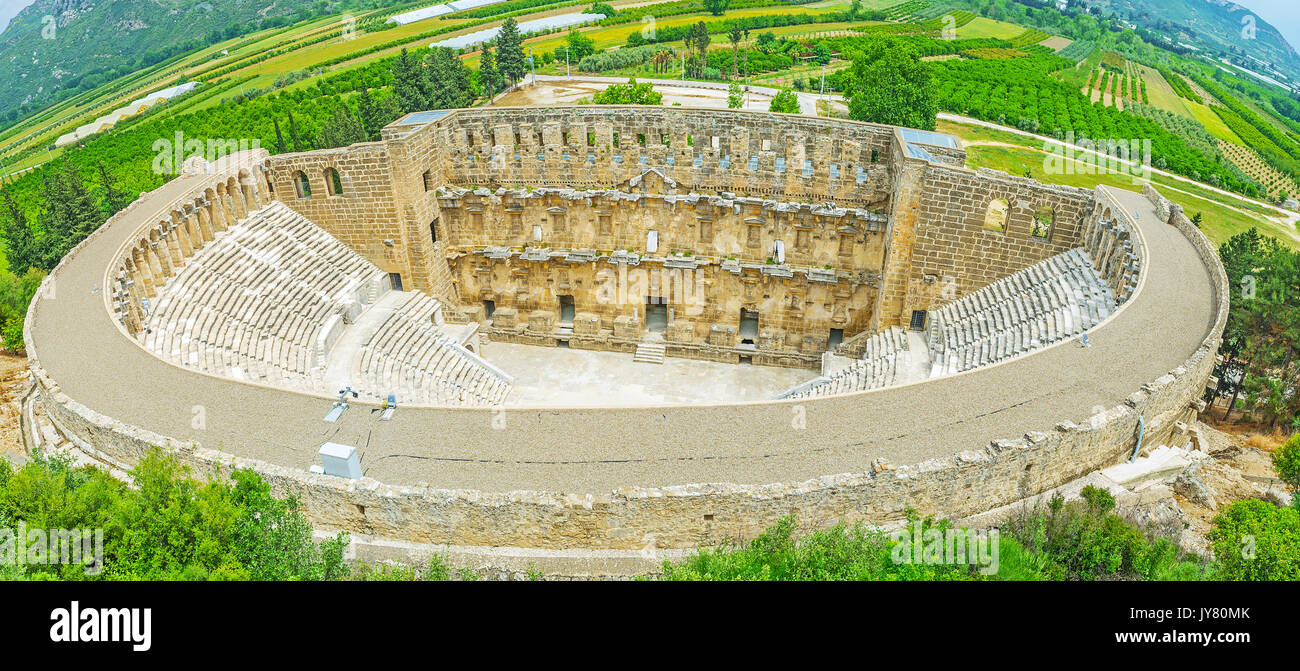 Aerial view of Aspendos amphitheater, located in the valley, that ...