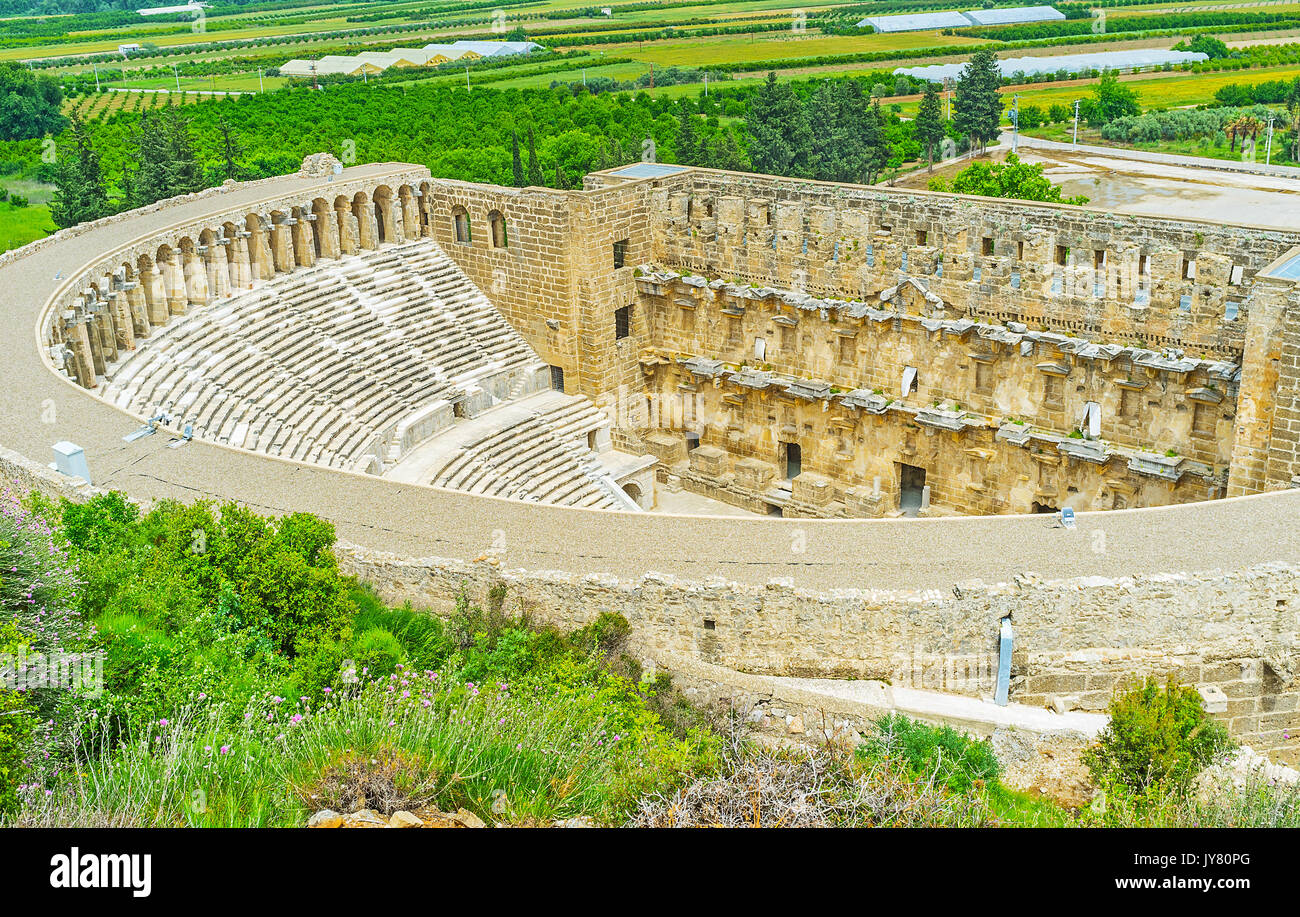 Aspendos amphitheater located at the foot of the hill, that serves as ...